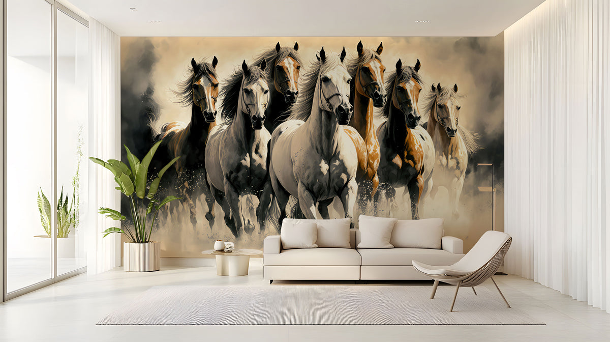 Elegant Seven Horses Running Wallpaper Mural – Decor Empire